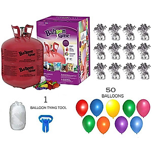 BLUE RIBBON, Helium Tank with 50 Balloons and White Ribbon + 12 Silver Balloon Weights + Plus Balloon Tying Tool and Flower Clips