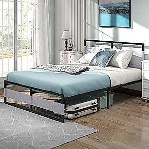 LIFERECORD Queen Metal Platform Bed Frame with Headboard and Pocket, Heavy Duty Steel Slat Bed No Box Spring Needed Noise Free Modern