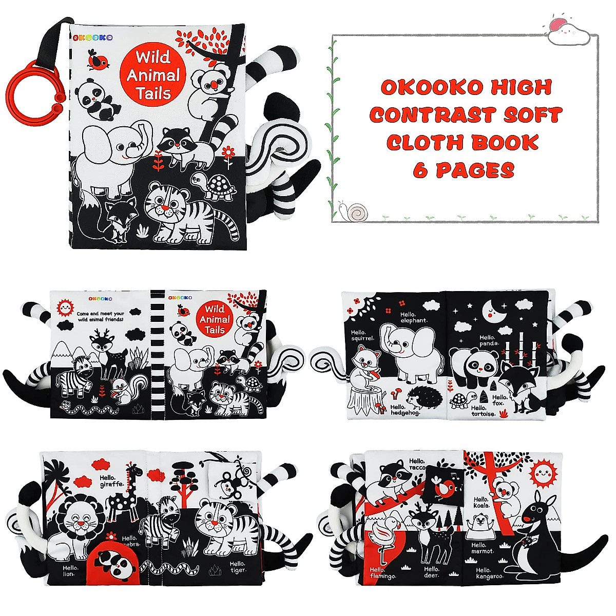 OKOOKO Soft Baby Book Black and White High Contrast Animals Tails Book Bath Book Montessori Sensory Stroller Toy Non-Toxic Crinkle Washable Early Education for Baby Infant Toddler