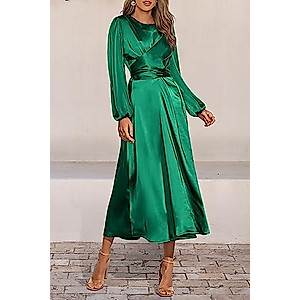 PRETTYGARDEN Women's Fall Fashion 2023 Long Sleeve Satin Dress Tie Back Casual Flowy Midi Dresses (Dark Green,Medium)