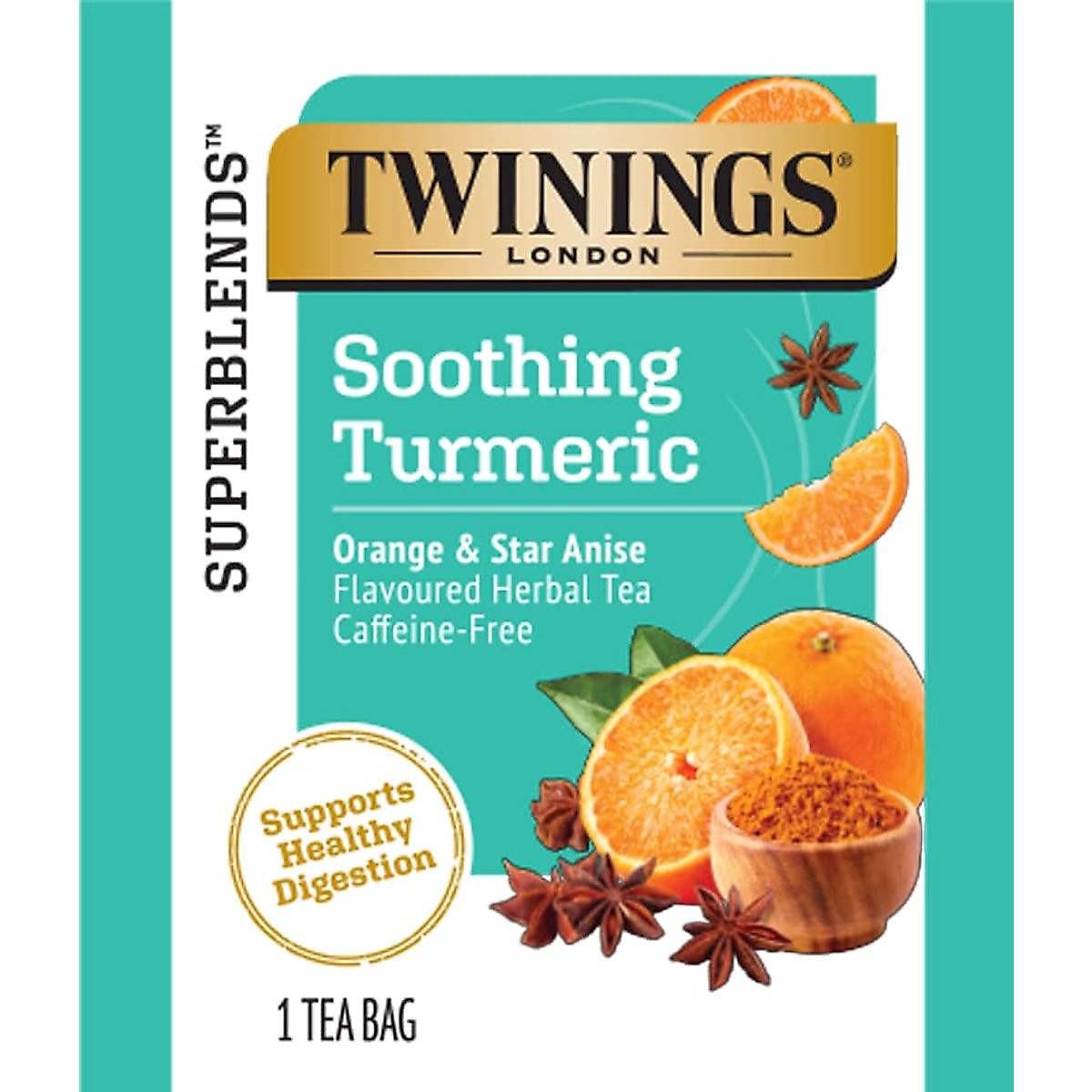Twinings Soothe Tea - Orange & Star Anise Flavoured Turmeric Tea, Digestive Tea, Naturally Caffeine-Free Herbal Tea Bags Individually Wrapped, 18 Count.