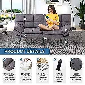 Maxspeed Futon Sofa Bed Memory Foam Couch Convertible Modern Loveseat Sleeper Sofa with Adjustable Armrests and Metal Legs,Multifunctional Futon Sofa Bed for Living Room,Office, Small Spaces(Grey)