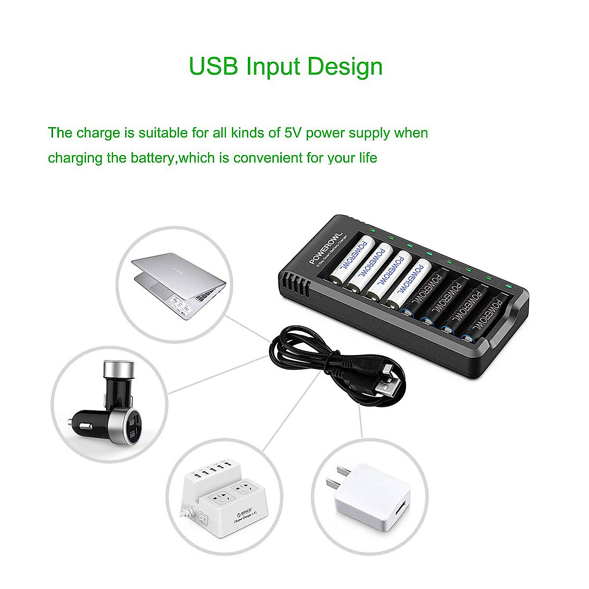 POWEROWL 8 Bay AA AAA Battery Charger, USB High-Speed Charging, Independent Slot, for Ni-MH Ni-CD Rechargeable Batteries, No Adapter