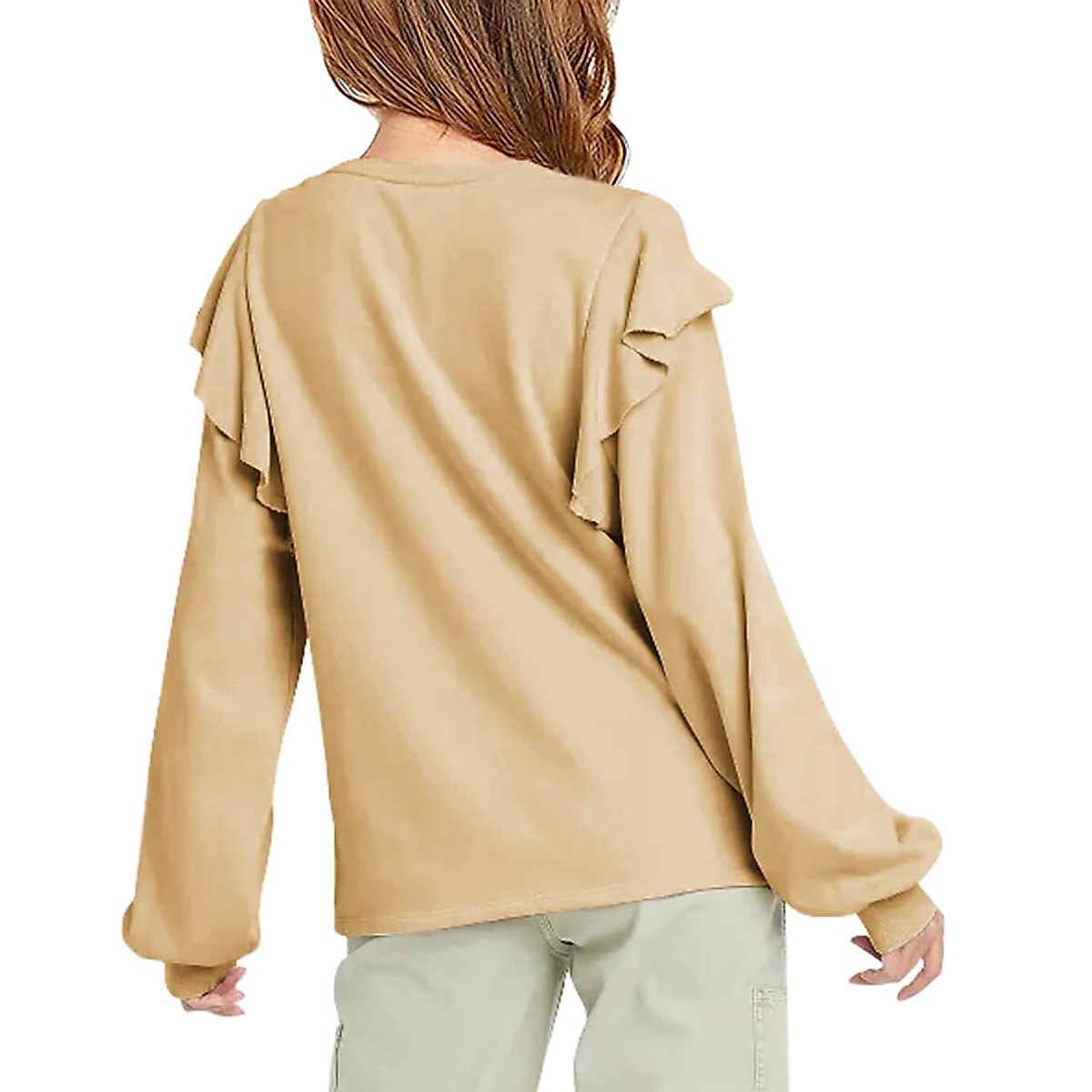Zwurew Long Sleeve Girls Shirts Crewneck Sweatshirts Ruffle Tops Khaki Spring Clothes Shirts for Girls 9-10 Years
