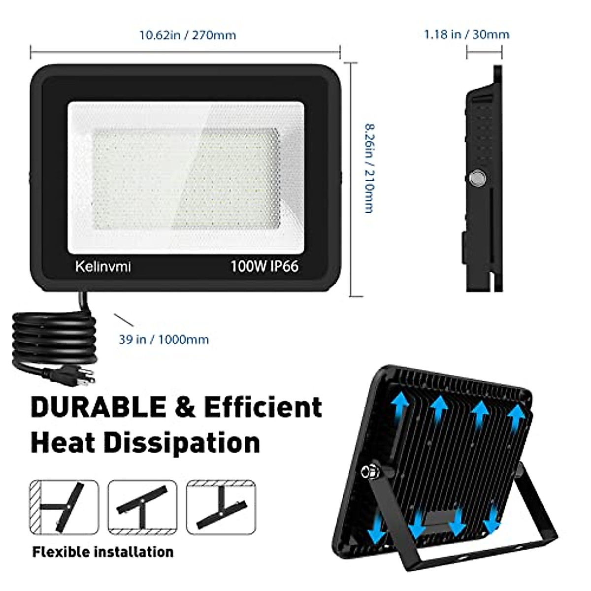 kelinvmi LED Flood Lights Outdoor 100W, Outdoor Security Light 10000lm High Brightness with Plug, 4200K Work Light with IP66 Outdoor Floodlights for Garage, Porch, Backyard, Playground