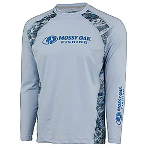Mossy Oak Standard Men's Fishing Shirts Long Sleeve with UPF 40+ Sun Protection, Illusion Blue, Large