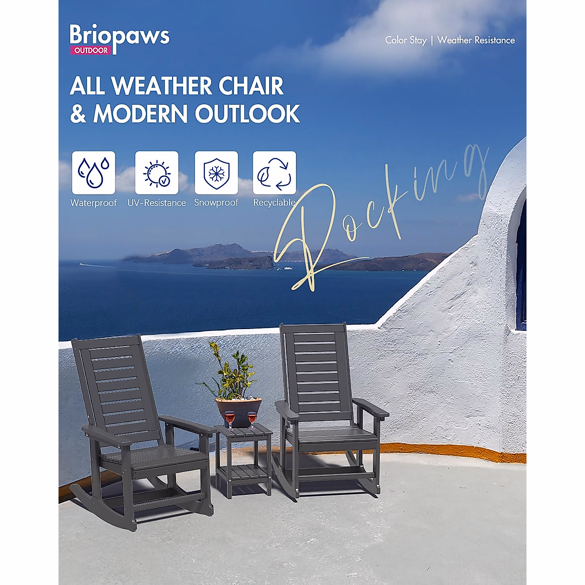 BRIOPAWS Rocking Chair Outdoor | Porch Rocker | HDPE Plastic | Grey | Oversized | Patio Rockers Chairs | High Back | for Big Man | Weather Resistant | for Outside Deck Balcony Front Backyard