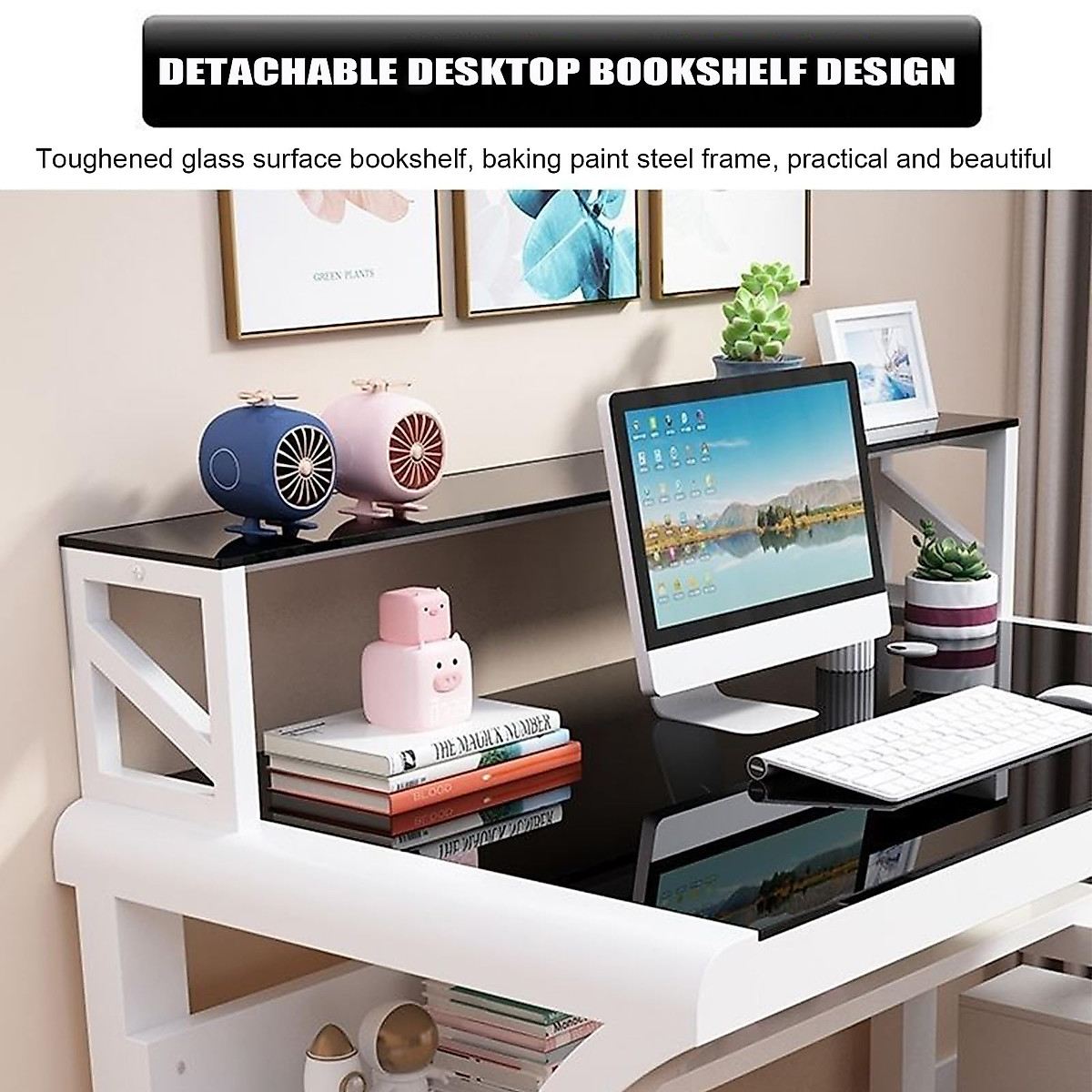 TopJia Tempered Glass Computer Desk, Large Office Desk with Storage Shelves, Modern Simple Gaming Table with Metal Frame, Writing Study Desk for Home Office Workstation(80cm/31inch, C), 1750318