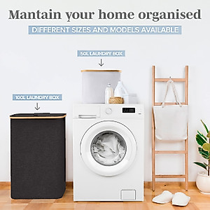 LONBET 26 Gal. Laundry Basket with Lid, Made from Breathable Fabric Aesthetic Clothes Hampers for Laundry with Side Handles & Sturdy Bamboo Frame Laundry Hamper with Lid & Removable Bag, Black