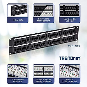 TRENDnet 48-Port Cat5/5e Unshielded Patch Panel, TC-P48C5E, 2U 19 inch Rackmount Design or Wall Mount, Cable Management, NDAA Compliant, 48 x Gigabit RJ-45 Ports