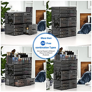 Awenia 4 Pack Stackable Makeup Organizer[Upgraded],Acrylic Cosmetics Storage Large Capacity with 11 Drawers For Brush Holder,Perfume or Jewelry Display,Plus Size| Ship from USA(Gray)