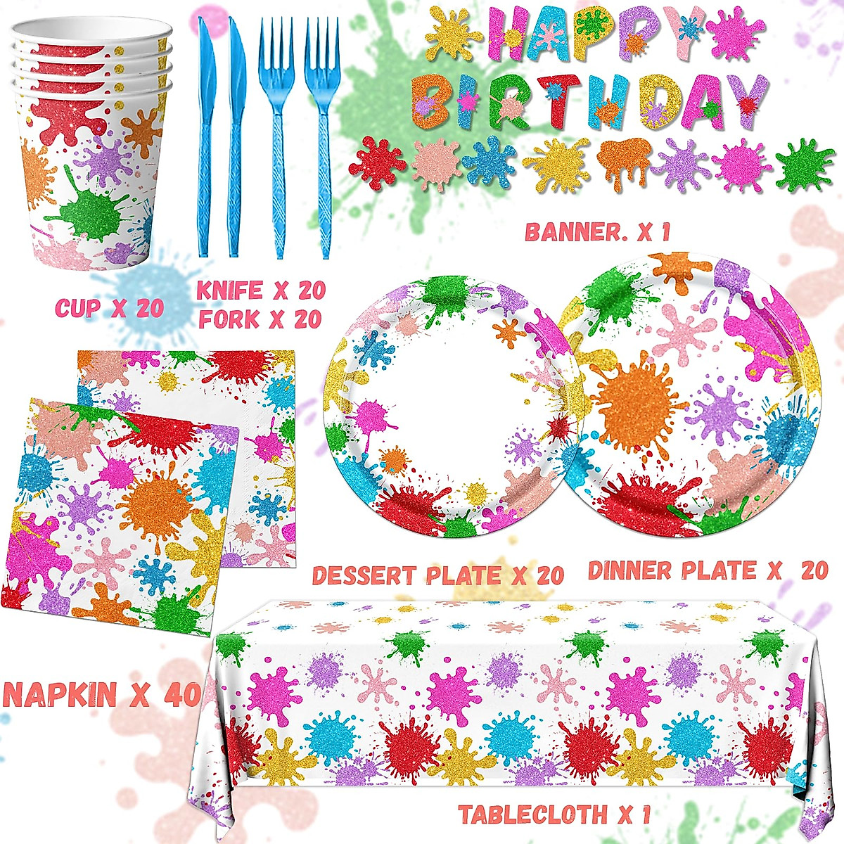 Paint Party Decorations 142Pcs Paint Splatter Party Supplies Tableware Set, Art Party Decorations Plates,Napkins,Cups,Tablecloth for Art Painting Party Supplies Birthday Baby Shower Decorations