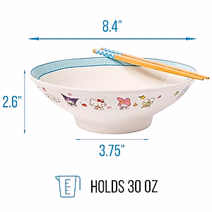 Silver Buffalo Hello Kitty and Friends Little Twin Stars, Pompompurin, Pochacco, Cinnamoroll, Kuromi, My Melody, and Keroppi Ceramic Ramen Noodle Rice Bowl with Chopsticks, Microwave Safe, 30 Ounces