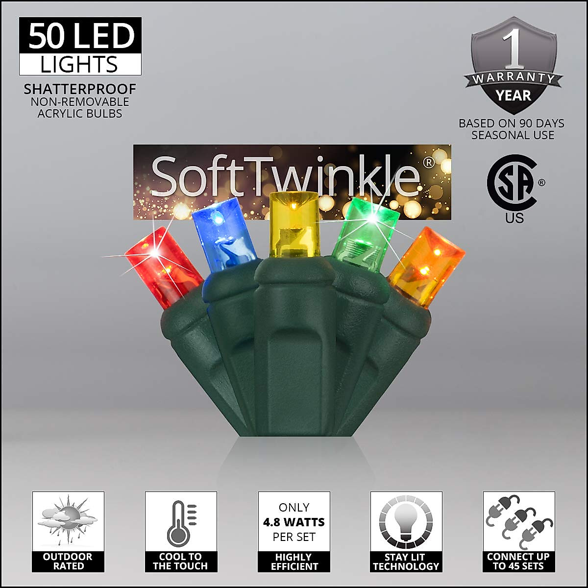 SoftTwinkle Slow Twinkling Christmas Lights, Soft Twinkle String Lights Pulsing Christmas Lights (50 Lights, 17 Ft, Warm White/White Wire)