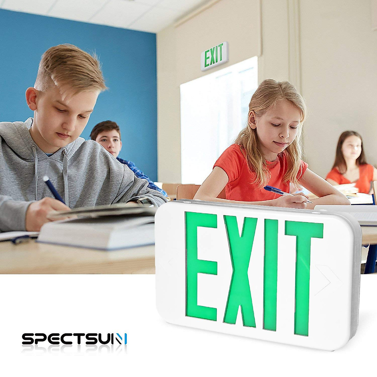 SPECTSUN 6PACK LED Exit Sign with Battery Backup,Green Exit Light-Hardwired Combo Exit Sign,120V/277V Wired Exit Sign with Arrow,Wall Mount/Ceiling Exit Sign White,Emergency Fire Exit Light Corded