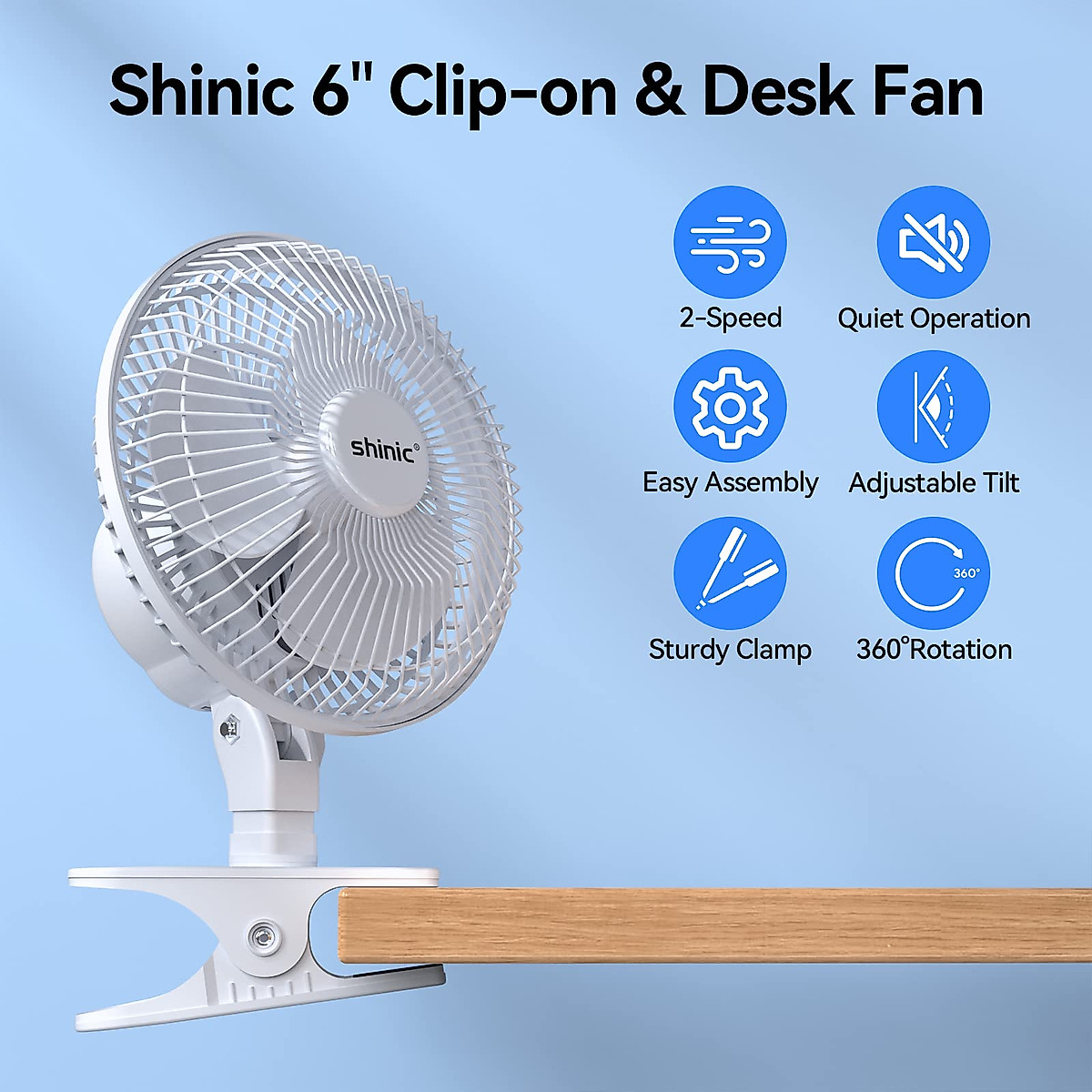 shinic 6-inch Clip on Fan with Strong Clamp,Powerful Airflow,Adjustable Tilt,Quiet Cooling Table-Top&Clip Fan with 6 ft Cord for Home,Office,Car,Garage,Gyms and Workshops(1pcs, White)