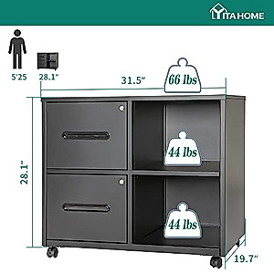 YITAHOME 2-Drawer Filing Cabinet, Thickened Steel Mobile Lateral Filing Cabinet On Wheels for A4/Letter Size, Printer Stand with Open Storage Shelves for Home Office