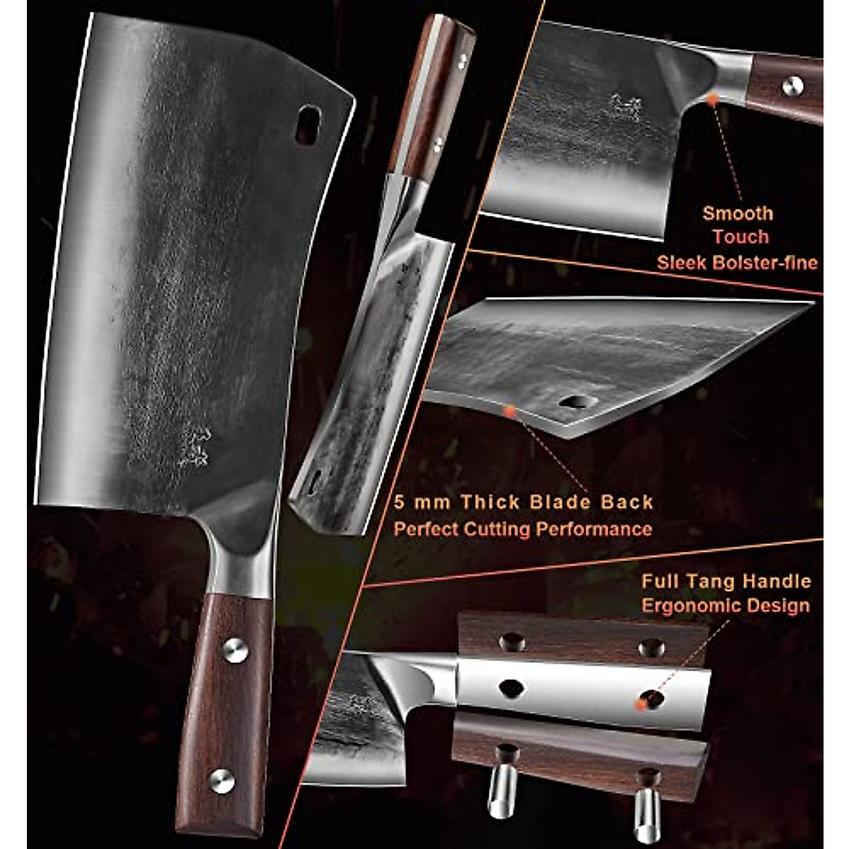 ENOKING Cleaver Knife, 7.5 Inch Hand Forged Meat Cleaver Heavy Duty Bone Chopper German High Carbon Stainless Steel Butcher Knife with Full Tang Handle for Home Kitchen and Restaurant, Ultra Sharp