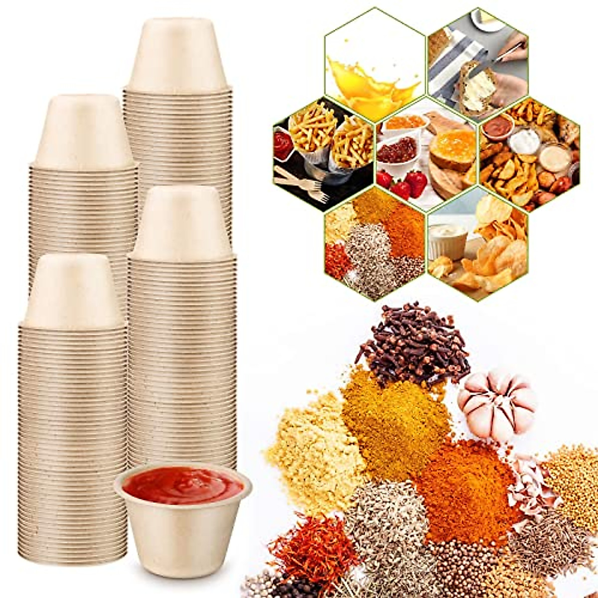 Romooa 300 Pieces Bagasse Fiber Souffle Cups Mini Paper Disposable Condiment Food Sample Small Sauce Container Portion Bowls Dipping for Snack Dessert Storage (2 oz), Beige