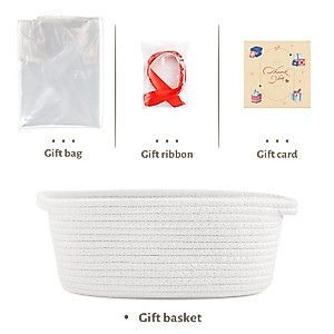 Bufims Small Woven Basket with Ribbons and Bags Durable Basket for Gifting Cute Gifts Basket 12"X 8" X 5" Small Rope Basket for Storage, White
