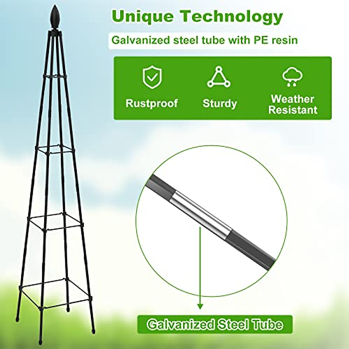 Garden Trellis for Climbing Plants Outdoor, deaunbr Plant Support Tower Obelisk Trellis 63'' Garden Trellises for Vines, Flowers, Indoor Potted Plant, Rose, Cucumber, Tomato, Pea, Clematis (1 Pack)