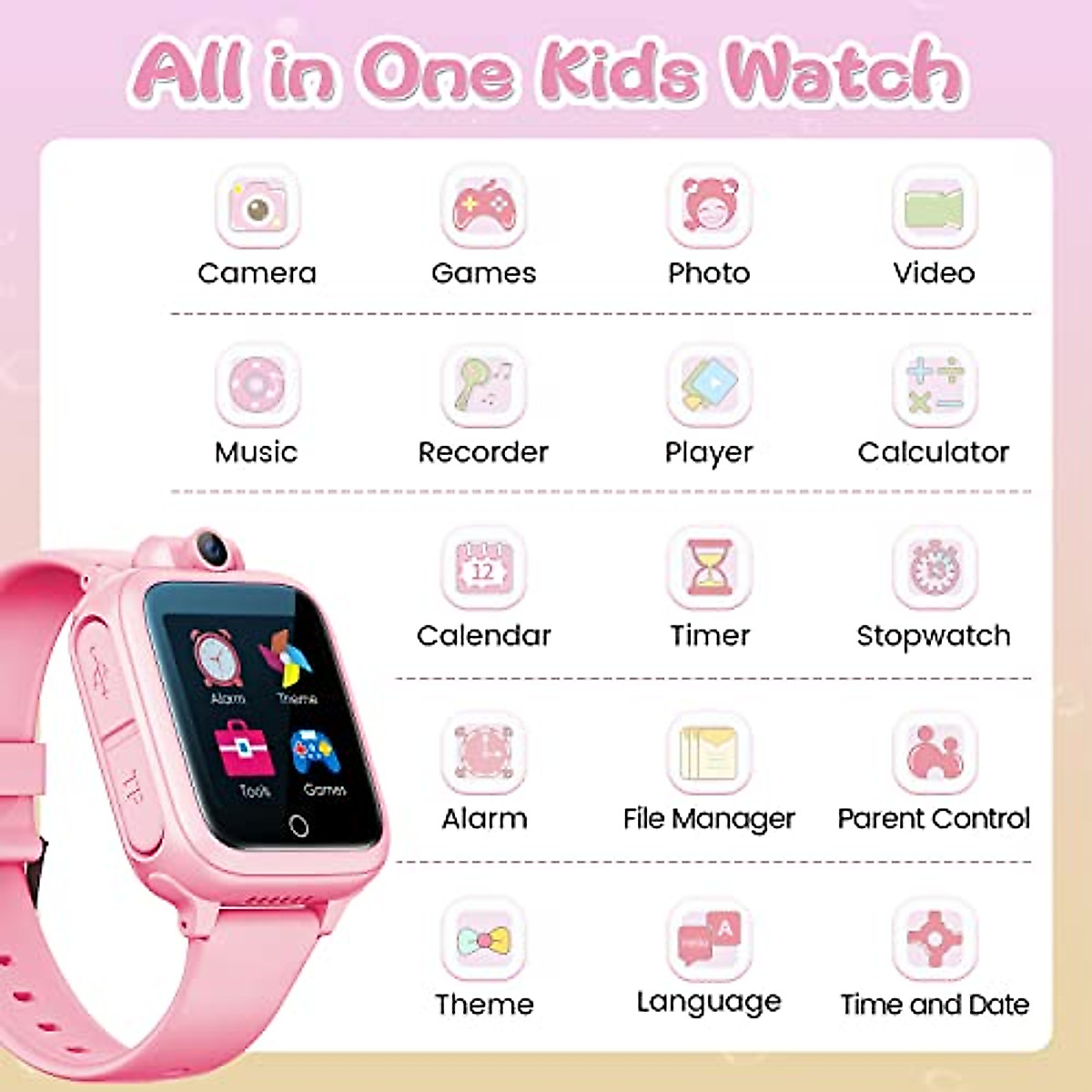 Kids Smart Watches Girls Gifts Age 3-12, Smart Watch for Kids with Camera Video Music Player 14 Games Alarm Calculator Gift Toys 4-8 for Girls Ages 5 6 7 8 9 10 (Pink)
