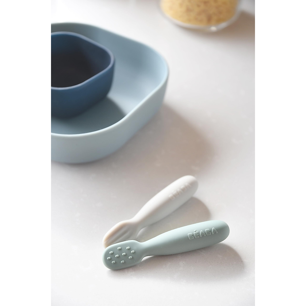 BEABA Set of 2 Silicone Pre-Spoons, For Babies 4-8 Months, Ultra-Soft Silicone Spoons to Help with Self Feeding, Designed with Specialist, Baby Utensils, Sage/Grey