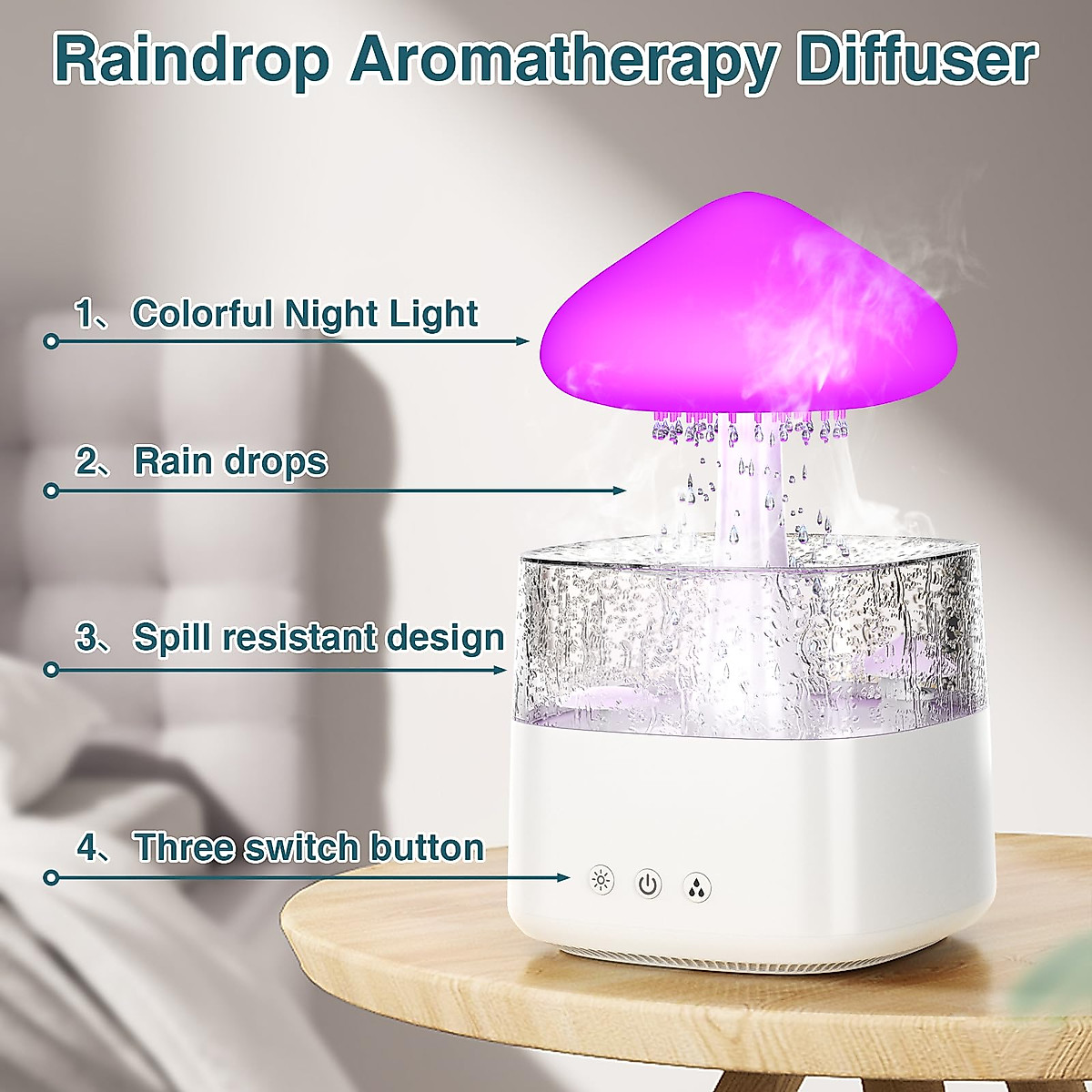 Cloud Humidifiers 450ML Water Drip Mushroom Humidifiers with Remote Control 7 Colors Mood Light Air Humidifier Raindrop Humidifiers for Bedroom