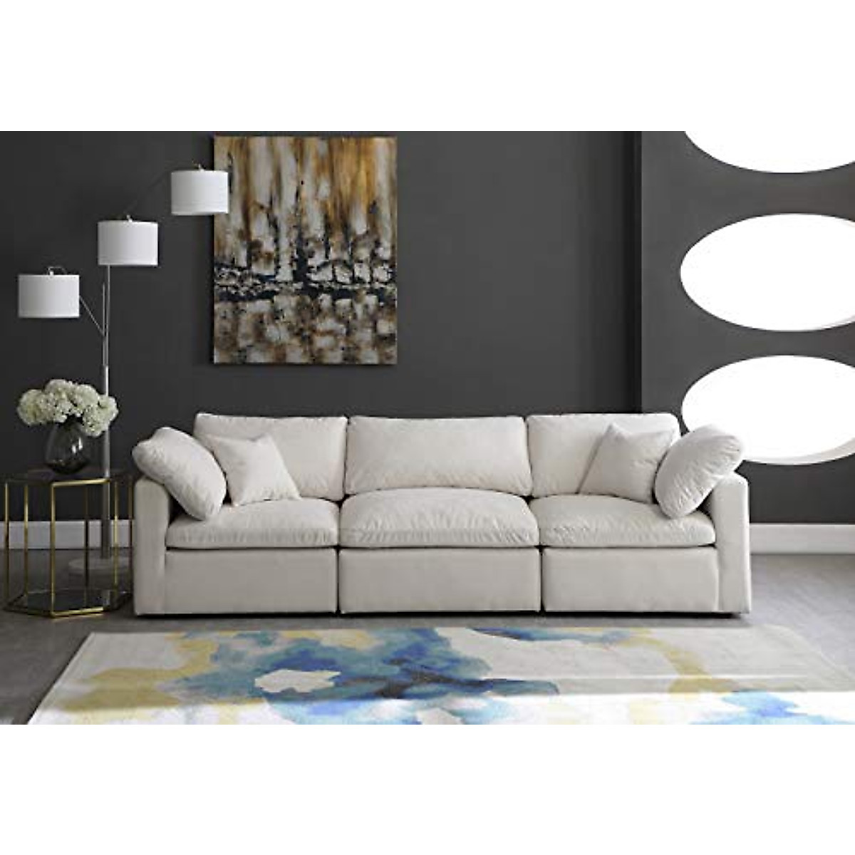 Meridian Furniture 602Cream-S105 Plush Collection Contemporary Down Filled Comfort Overstuffed Velvet Upholstered Modular Sofa 3-Seater Cream