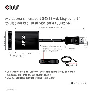 Club 3D CSV-7200 Displayport 1.4 to Displayport Dual Monitor 4K 60Hz M/F MST hub