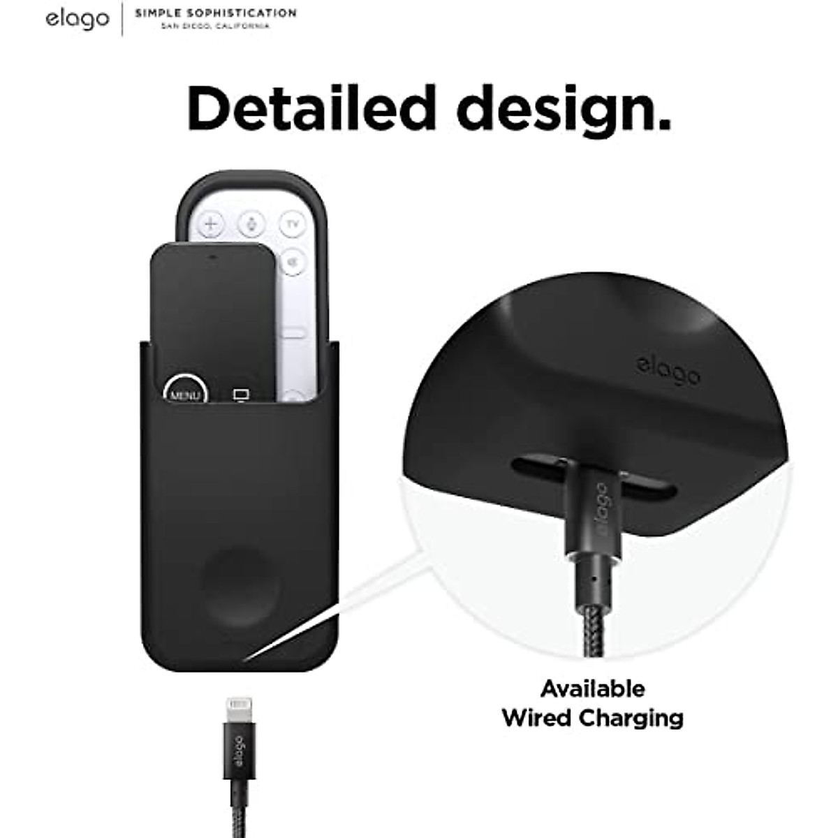 elago Universal Remote Holder Mount Compatible with Apple TV Remote and All Other Remote Controls - Reusable Gel Pad or Screw Mounting Options, Available Wired Charging [ Medium ] [Black]