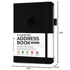 Clever Fox Address Book with alphabetic tabs - PU Leather Telephone and Address Book for Keeping Contacts Safe, Contact Organizer Journal, Medium Size (5.3″ x 7.7″) Hardcover, Black