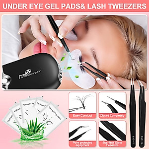 Eyelash Extension Kit Lash Extensions Supplies for Beginners with Individual Lash 0.07D Curl Mix 8-15mm, Glue, Eyelash Remover, USB Lash Fan, Tweezers, Eye Gel Pads, Micro Brushes, Mascara Brushes
