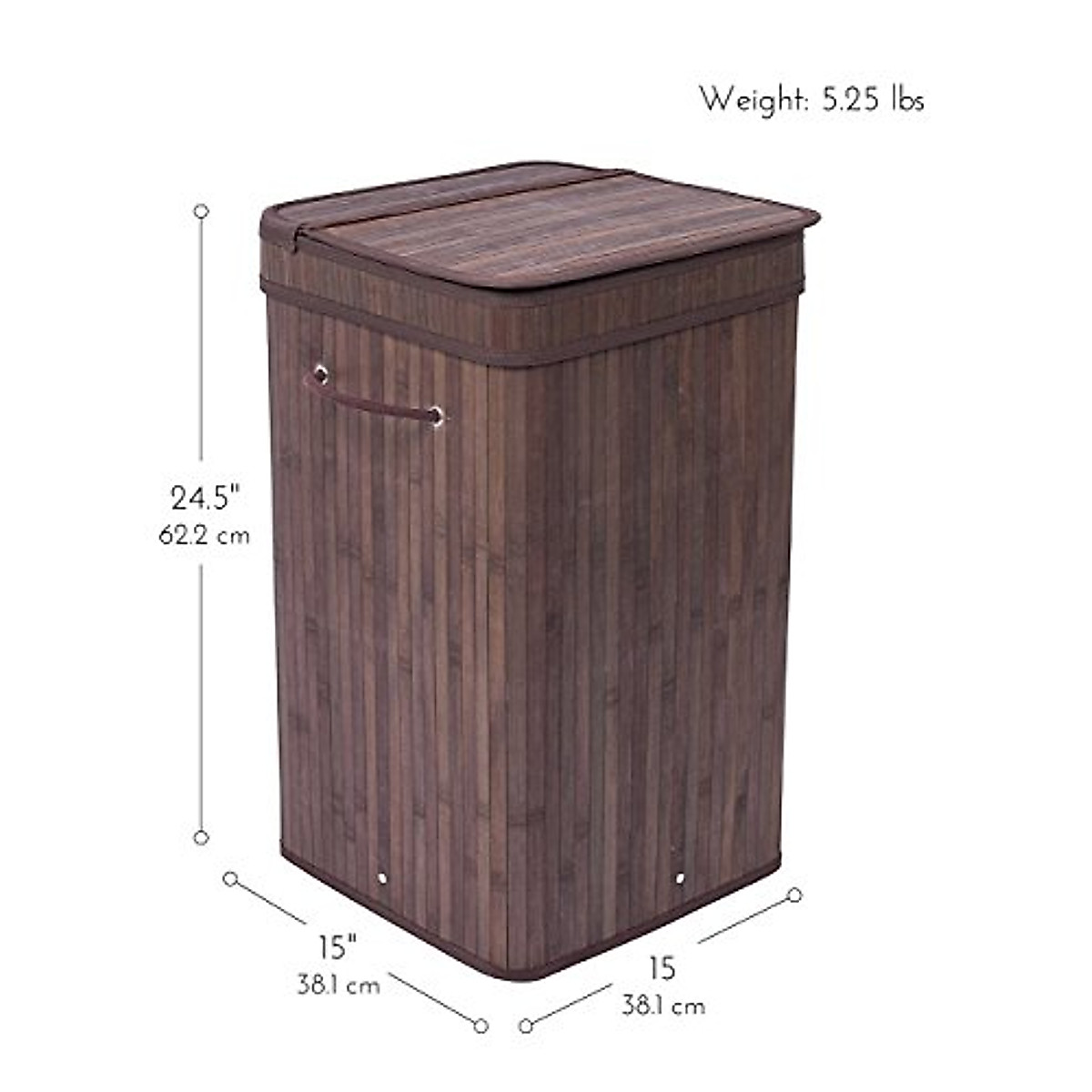 BirdRock Home Square Laundry Hamper with Lid and Cloth Liner - Bamboo - Espresso - Easily Transport Laundry Basket - Collapsible Hamper - String Handles