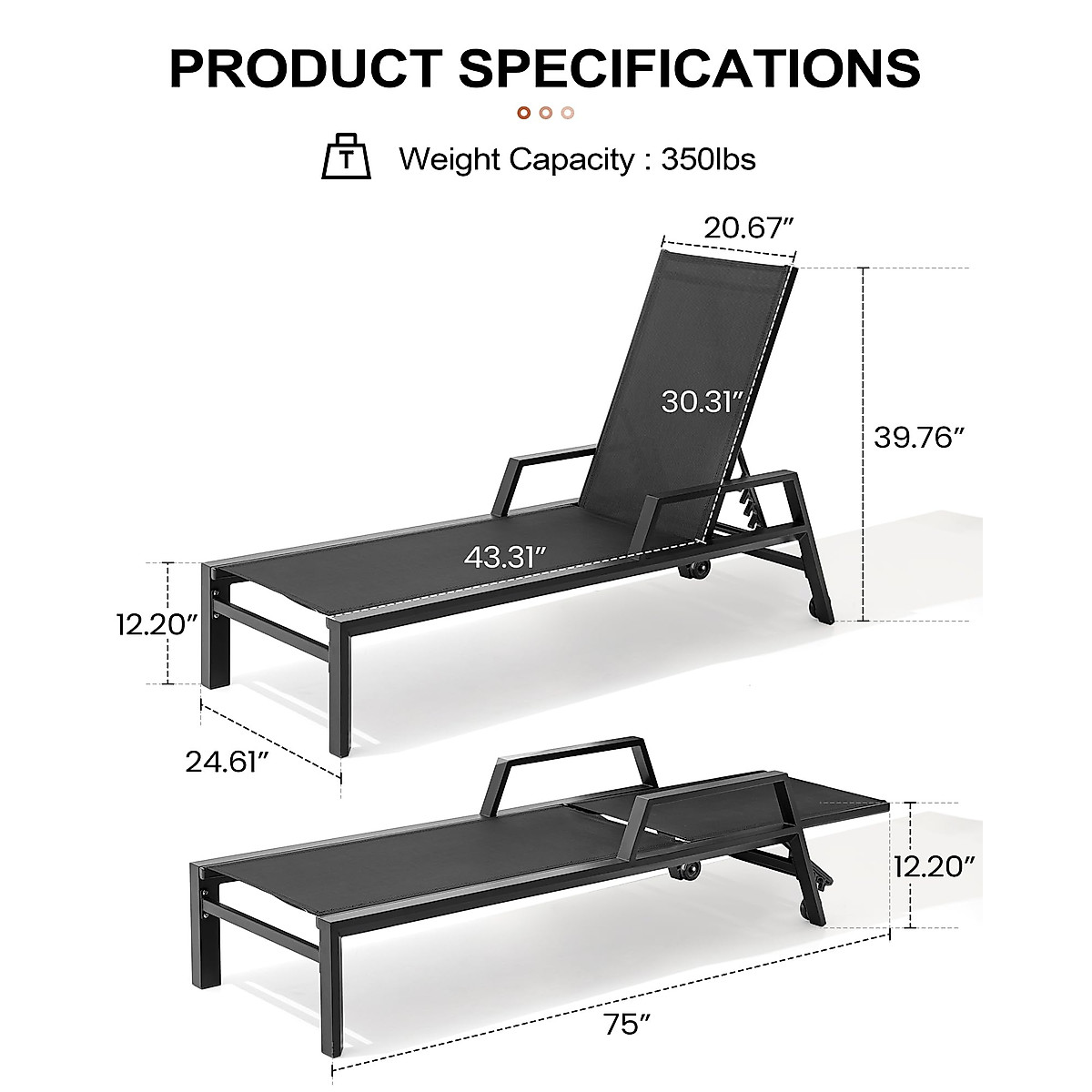 Crestlive Products Outdoor Lounge Chair with Wheels and Armrest, Extra Large Pool Lounge Chairs Set of 2, Aluminum with Adjustable 5 Backrest for Outside, Patio, Beach, Yard