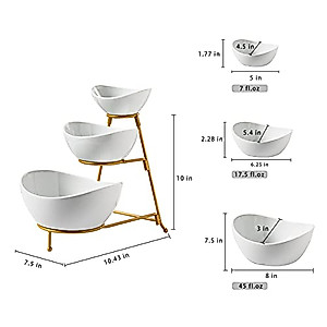 Gomakren 3 Tier Serving Bowl Set with Rack White Bowl Set with Stand Thanksgiving Serving Dishes For Parties Serving Stand for Dessert Snack Fruit Appetizer Chips Dining Dinnerware Display Food Gold