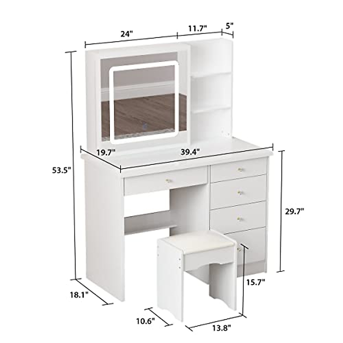 AIEGLE Large Vanity Desk Set with Sliding Lighted Mirror, Makeup Dressing Table with Hidden Shelves & Cushioned Stool, White - Sliding Lighted Mirror