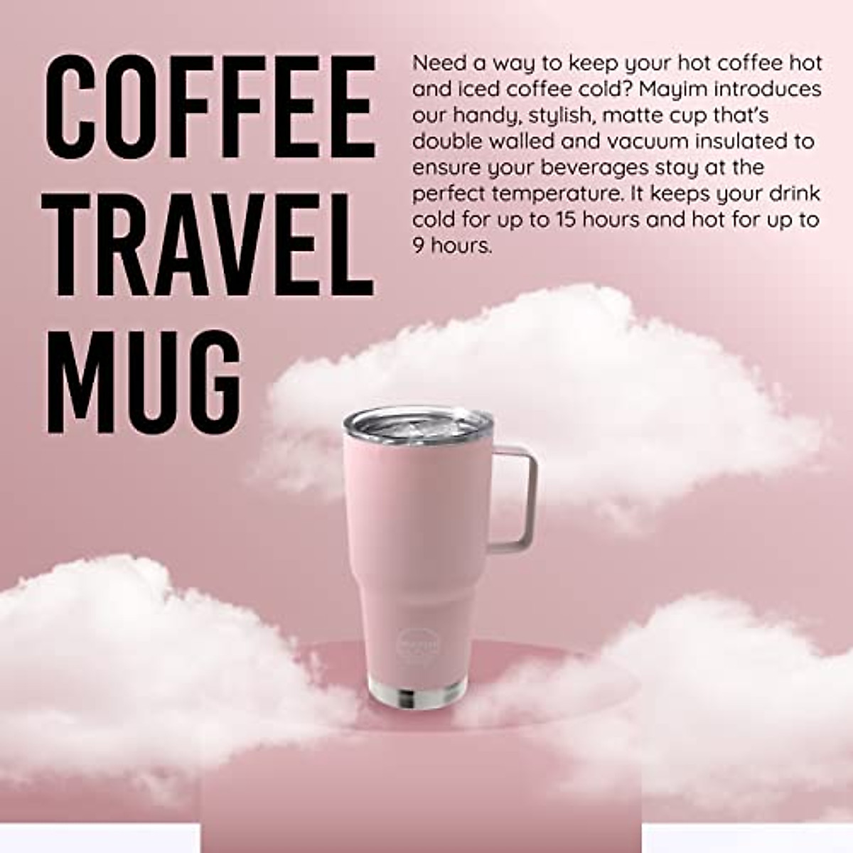 Mayim Large Travel Coffee Mug Tumbler with Clear Slide Lid and Handle, Reusable Vacuum Insulated Double-Wall Stainless-Steel Thermos, Fits in Cup Holder, 30oz., Blush