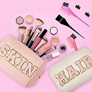 2 Pcs Preppy Patch Makeup Bag Chenille Letter Cosmetic Bag PU Leather Waterproof Toiletry Bag Portable Skin Makeup Pouch Preppy Organizer Accessory for Women Girls (White, Pink, Hair, Skin)