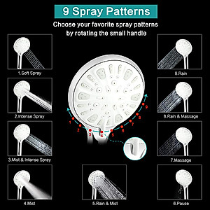 Shower Head, 8 Inch High Pressure Rainfall Shower Head/Handheld Shower Combo with 11 Inch Extension Arm, 9 Settings Adjustable Anti-leak Shower Head with Holder/Hose, Height/Angle Adjustable