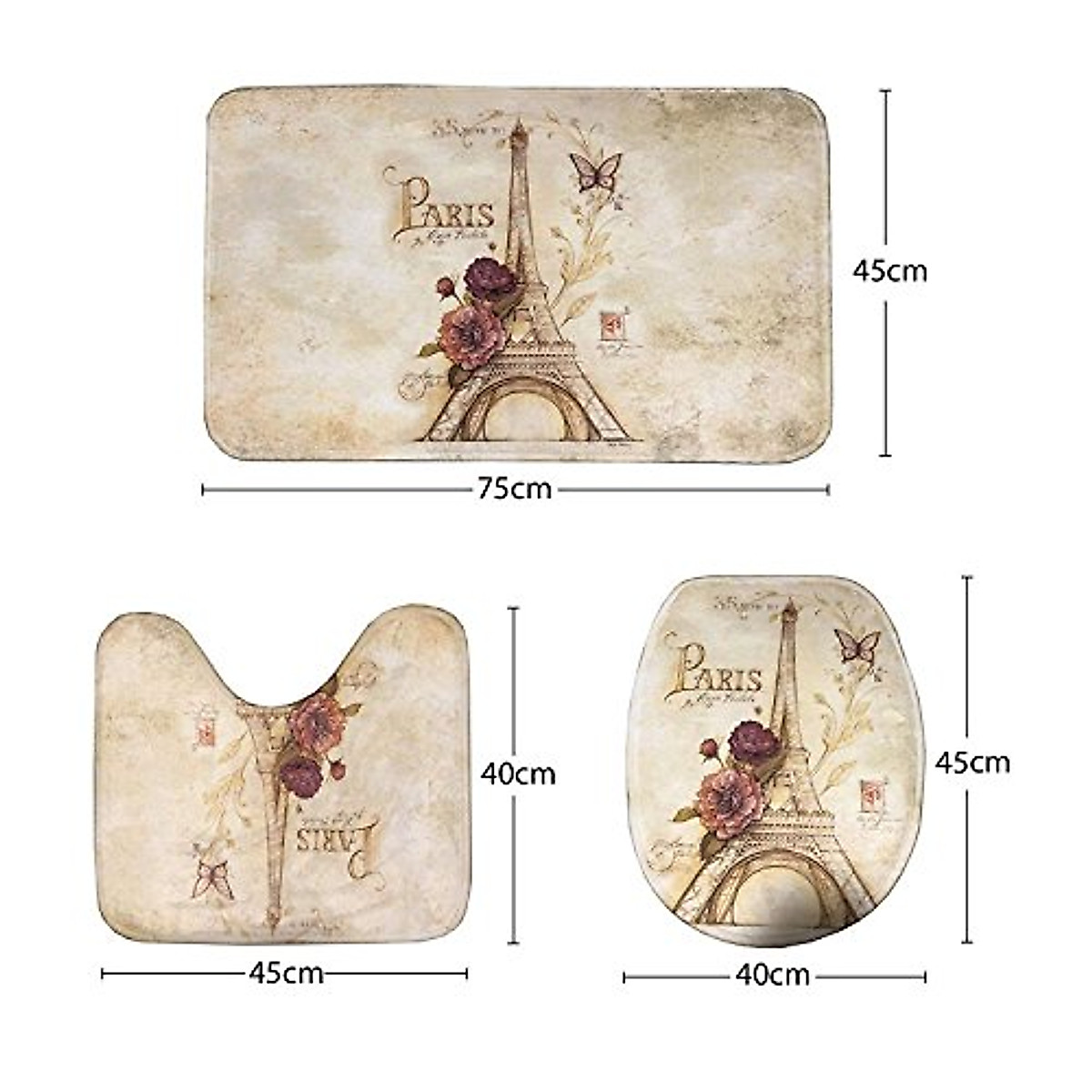 Amagical 3 Piece Vintage Paris Brown Eiffel Tower Bathroom Mat Set Purple Flower Butterfly Bath Mat Contour Mat Toilet Cover