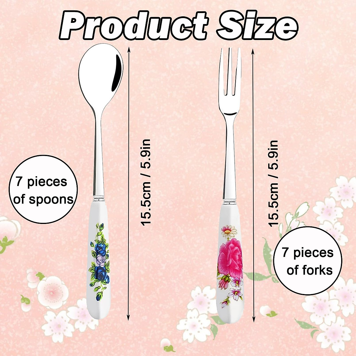 xlehoely 14 Pcs Dessert Forks and Spoons Silverware Set,Stainless Steel Cutlery Forks,Mini Coffee Spoons Pastry Forks with Porcelain Handles,Cake Forks Tea Spoons for Dessert Appetizers,Salad,Fruit