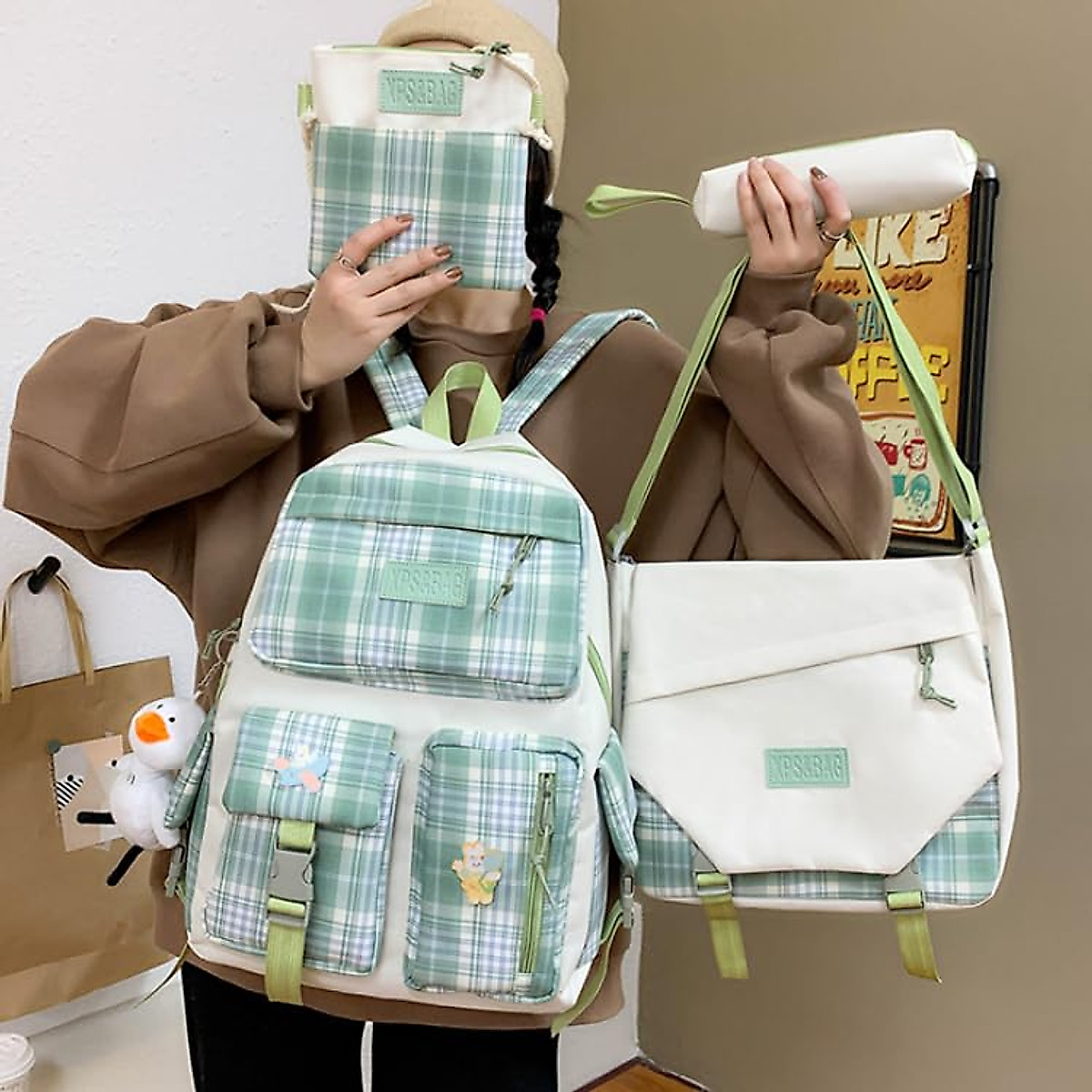 MININAI 4PCS Aesthetic College Backpack Set with Plushies Kawaii Large Backpack 15.6" Laptop Preppy Daypack Cute Backpack (Green,One Size)