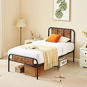 VECELO Twin Size Platform Bed Frame with Wood Headboard/Mattress Foundation/Premium Steel Slats Support/No Box Spring Needed,Brown(Industrial)