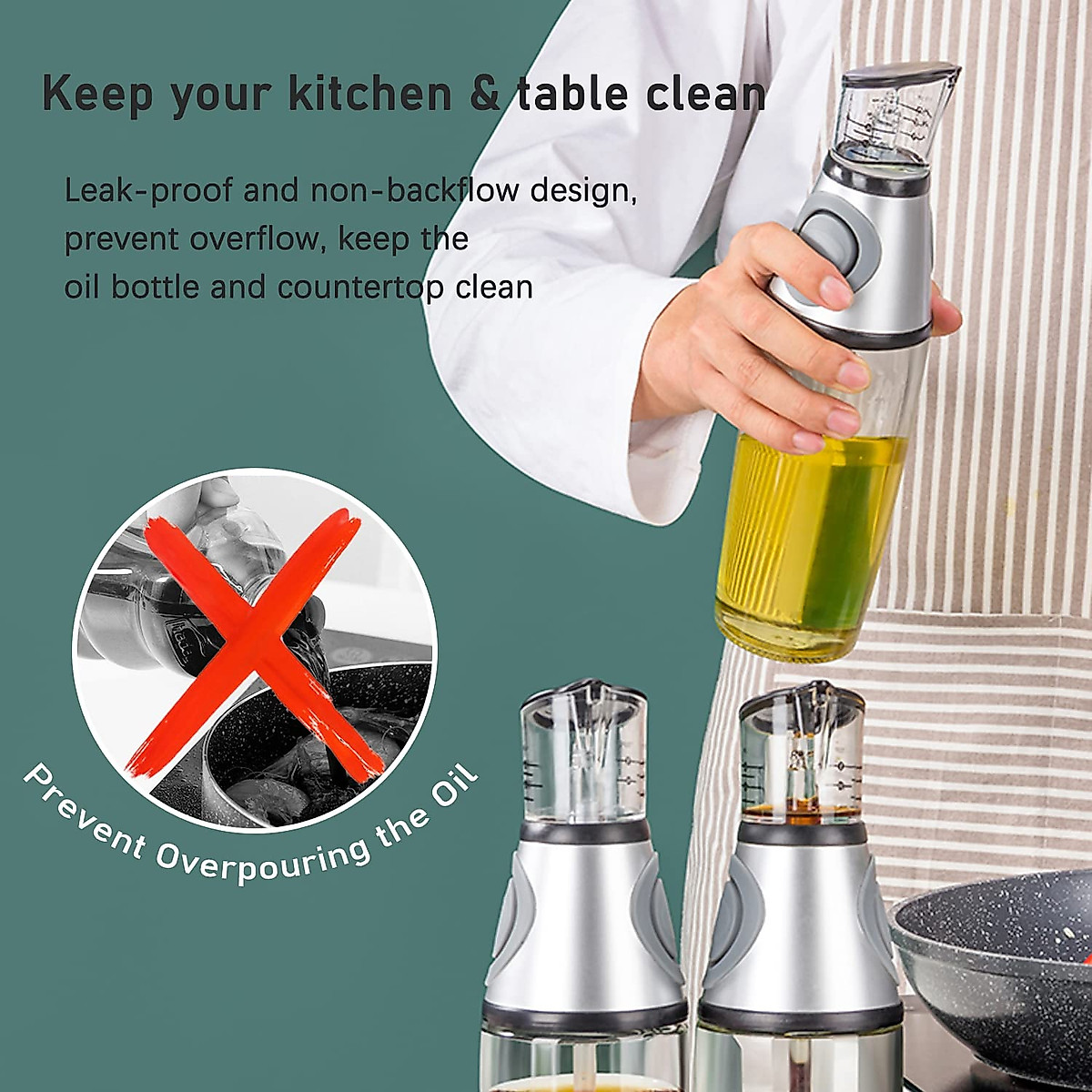 KITWILD Oil Dispenser Bottle for Kitchen, 17oz Olive Oil Dispenser, Cooking Oil and Vinegar Dispenser Bottle Oil Sprayer Bottle Clear Glass Refillable with Measuring Scale Pump