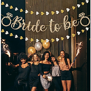 Pre-Strung Bride to Be Banner,Gold Glitter Banner Sign with 2PCS Heart Streamers Garland for Bachelorette Party Decorations, Bridal Shower Wedding Engagement Hen Party Decorations Supplies