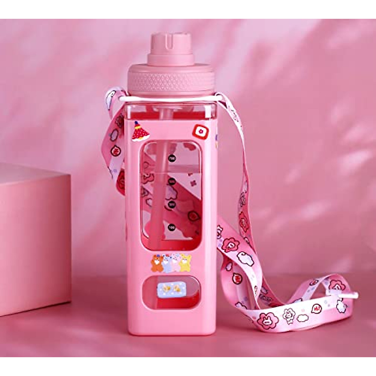 NEWSTYP Kawaii Bear Pastel Water Bottle With 3D Sticker 700ml Plastic Travel Tea Juice Milk Portable Cute Shaker Drink Bottle Gift (Pink)