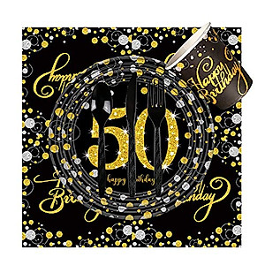 Rainmae 50th Birthday Party Supplies Tableware Set - Serves 16 Guest-Plates, Cups, Napkin, Knife, Spoon, Fork, Table Cloth, Sparkling Banner for 50 Years Old Party Decoration, 50th Wedding Anniversary