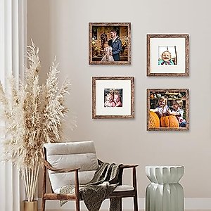 AVEAX 8x8 Picture Frames Display Pictures 4x4 with Mat or 8x8 Without Mat, Set of 4 Square Photo Frame for Wall or Tabletop Brown