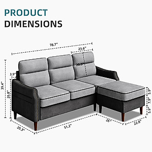 JAMFLY Sectional L Shaped Sofa Couch with Side Storage Bag, Convertible Sofa for Living Room with Reversible Chaise and Rivet Decor for Apartment and Small Space, Grey